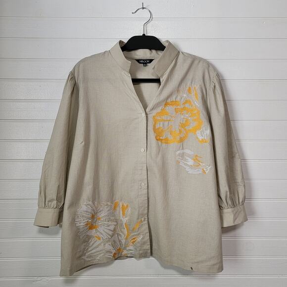 Misook | Tops | Misook Xl Cotton Linen Embroidered Floral Art Khaki ...